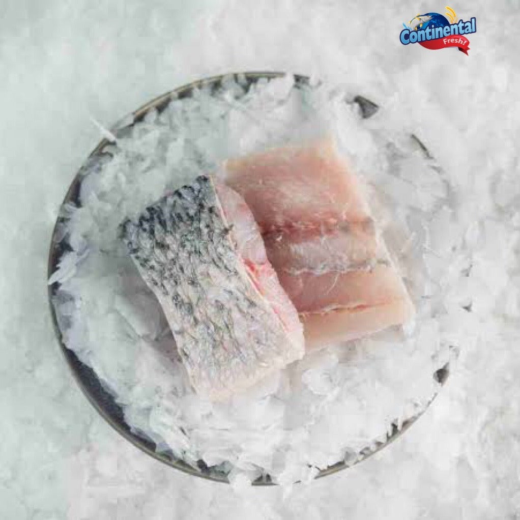 Sea Bass (Steak cut without head, gut & tail) (Gross wt: 800 gms ...